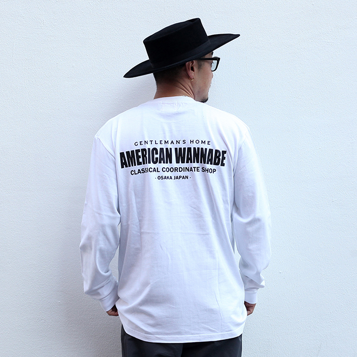 AMERICAN WANNABE/アメリカンワナビー「SHOP LOGO L/S TEE」プリントL/Sティーシャツ