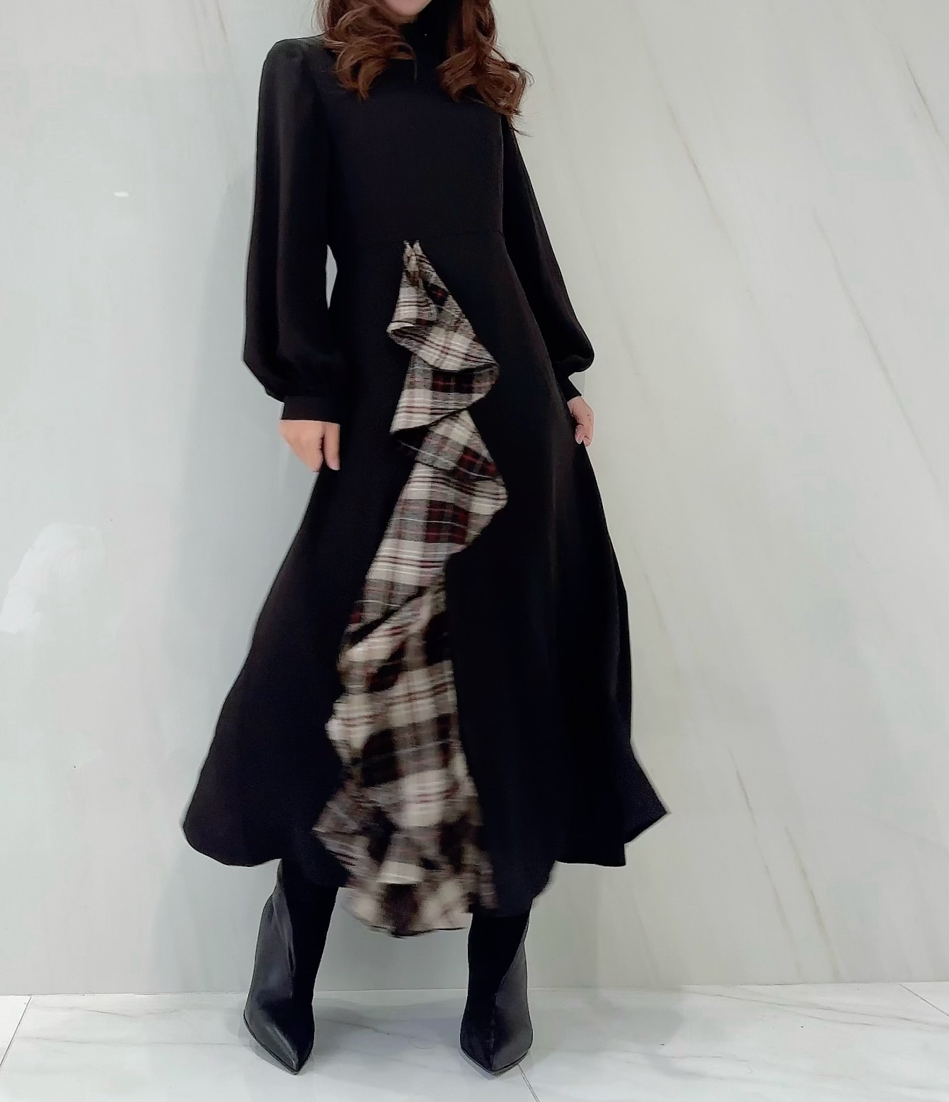 【selva secreta】RUFFLE CHECK DRESS (check-beige)