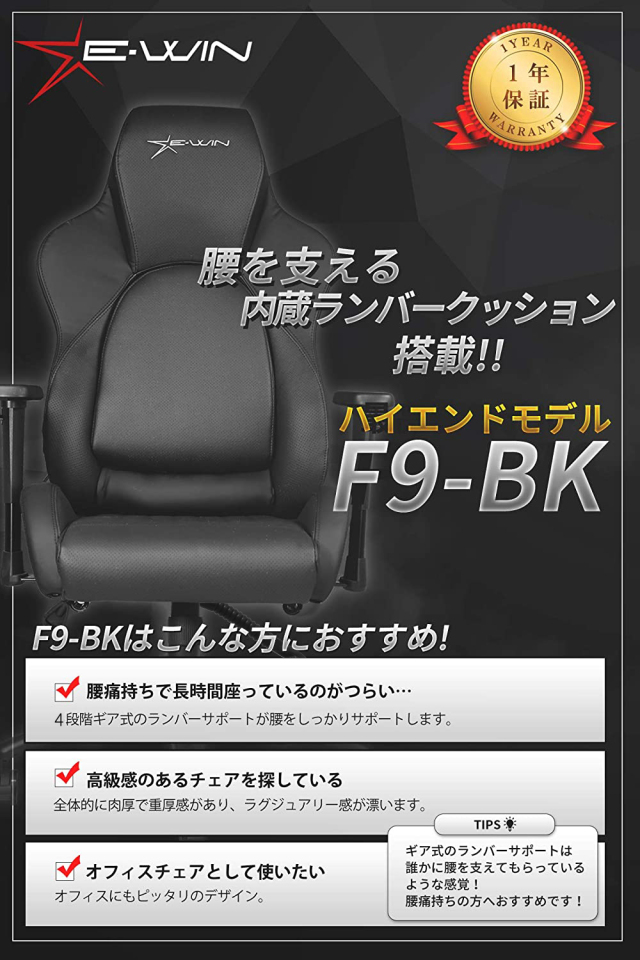【在庫限りセール！】 E-WINゲーミングチェア F9-BK 黒 株式会社真善美