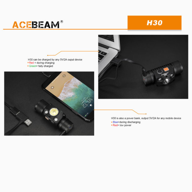 【ACEBEAM（エースビーム）】H30 /Cree（クリー）XLamp XHP70.2、レッドLED、ブルーLED搭載 3500ルーメン