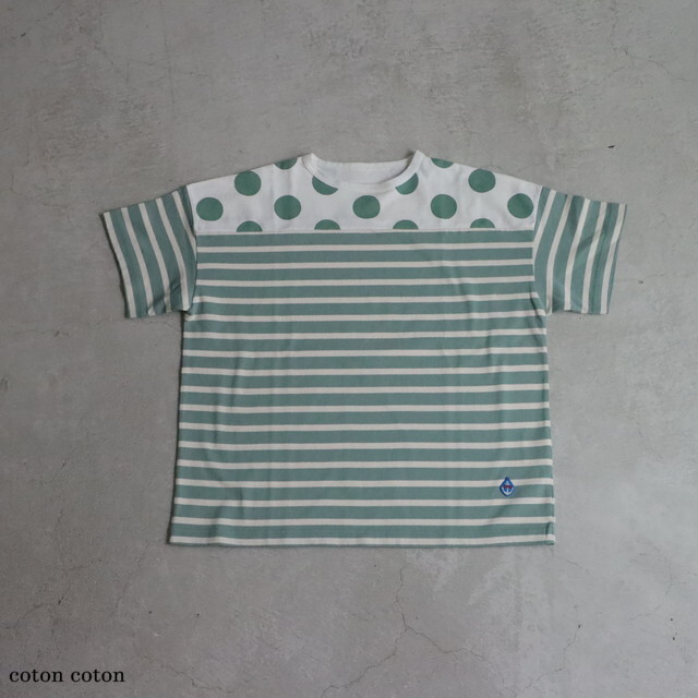 52C46 快晴堂 セミボートネック HAYATE ボーダー水玉 肩切替水玉半袖 Tシャツ