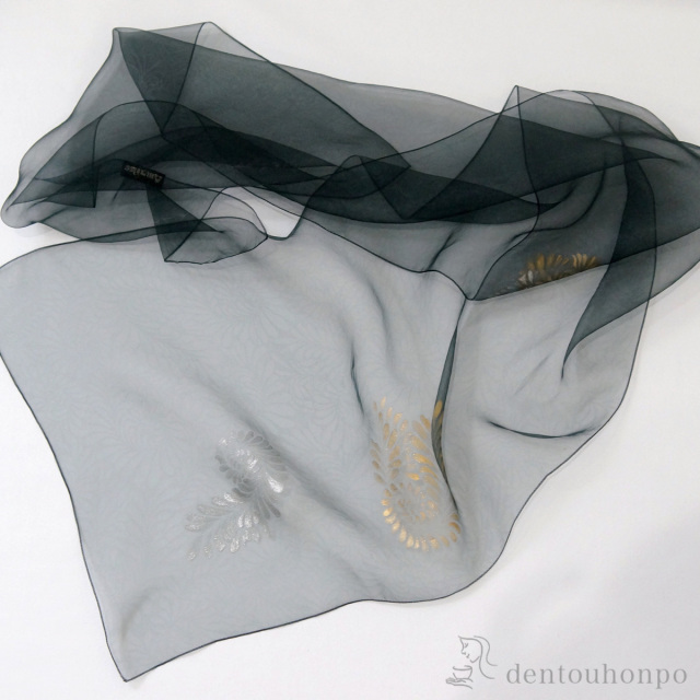 送料無料】 天女の羽衣 加賀友禅染ショール 手描き シェル(黒) 小