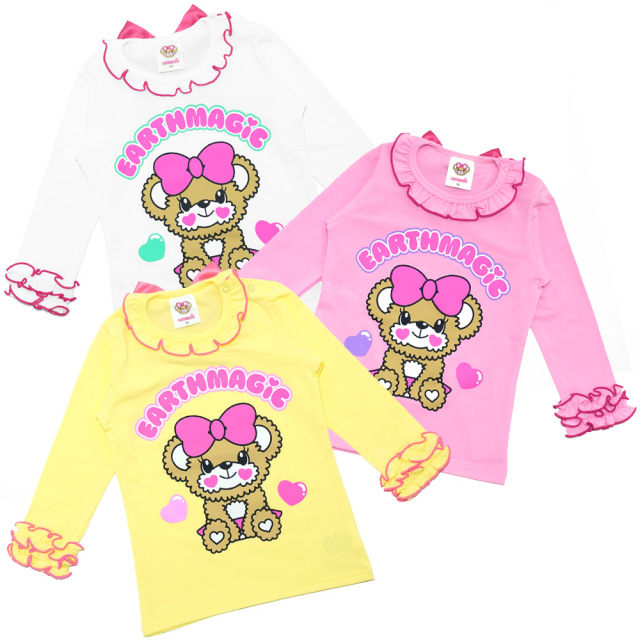 アースマジックベビー EARTHMAGIC BABY アーチ＆マフィープリント長袖Tシャツ シロ ペールピンク クリームイエロー ベア天竺 ...