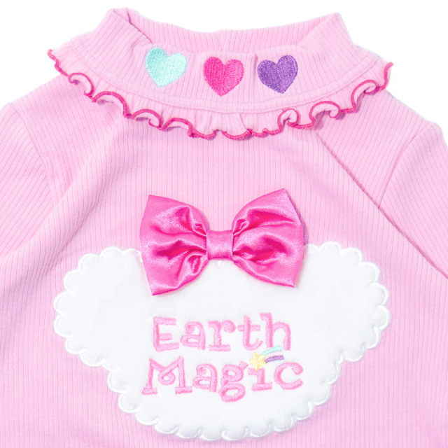 アースマジック EARTHMAGIC テレコタートルネック長袖Tシャツ シロ ペールピンク エメグリ トップス 刺繍