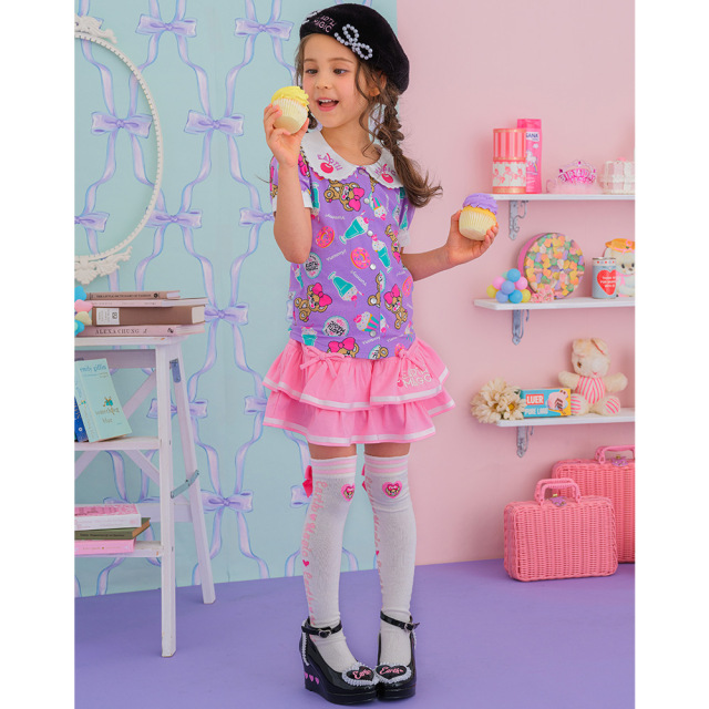 アースマジック EARTHMAGIC Cafe総柄襟付き半袖Tシャツ ペールピンク ラベンダー パフスリーブ マフィー 刺繍