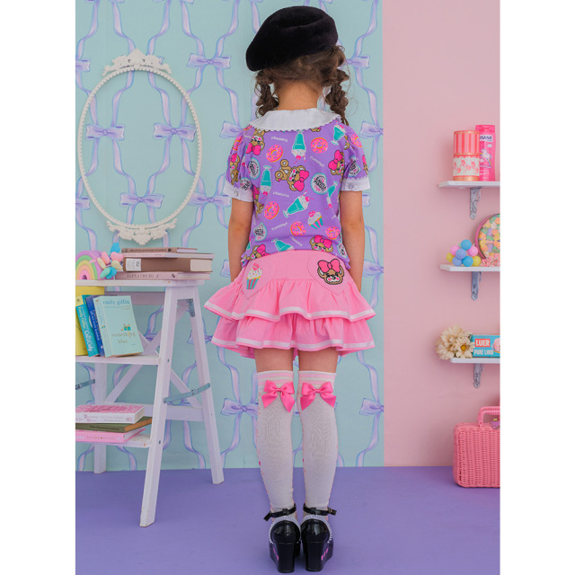 アースマジック EARTHMAGIC Cafe総柄襟付き半袖Tシャツ ペールピンク ラベンダー パフスリーブ マフィー 刺繍