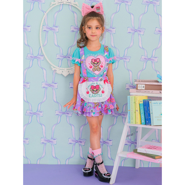 アースマジック EARTHMAGIC Cafe総柄エプロン付きジャンパースカート ペールピンク ラベンダー マフィー ジャンスカ