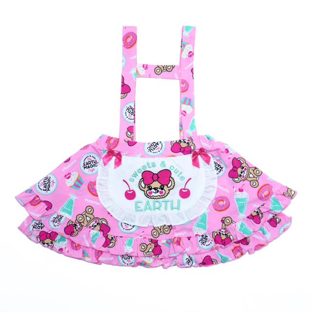 アースマジック EARTHMAGIC Cafe総柄エプロン付きジャンパースカート ペールピンク ラベンダー マフィー ジャンスカ