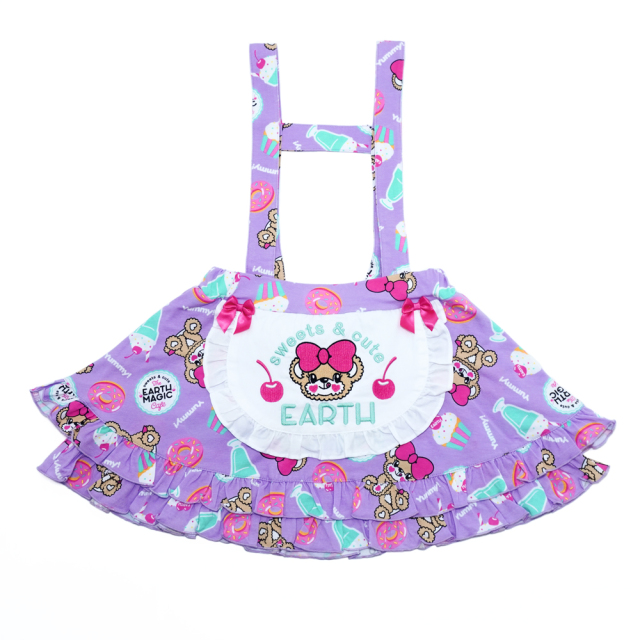 アースマジック EARTHMAGIC Cafe総柄エプロン付きジャンパースカート ペールピンク ラベンダー マフィー ジャンスカ