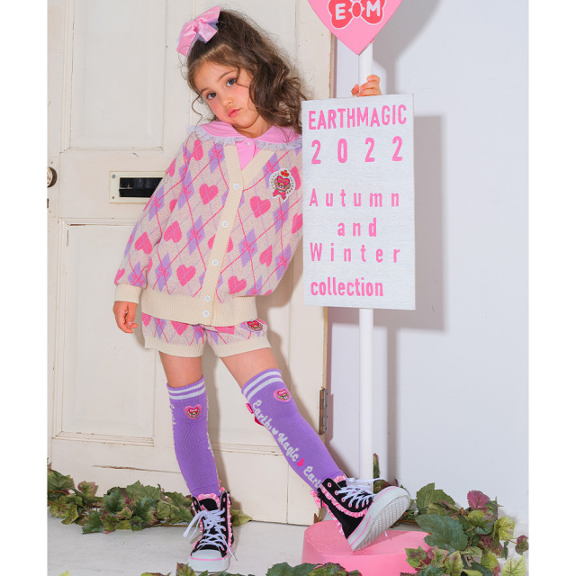 アースマジック EARTHMAGIC アーガイル柄ニットカーディガン アイボリー ペールピンク マフィー ジャガード織