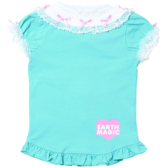 アースマジック EARTHMAGIC チュールフリル襟ベア天竺半袖ブラウス シロ ペールピンク エメグリ マフィー リボン