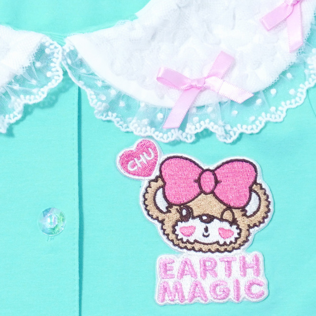 アースマジック EARTHMAGIC チュールフリル襟ベア天竺半袖ブラウス シロ ペールピンク エメグリ マフィー リボン