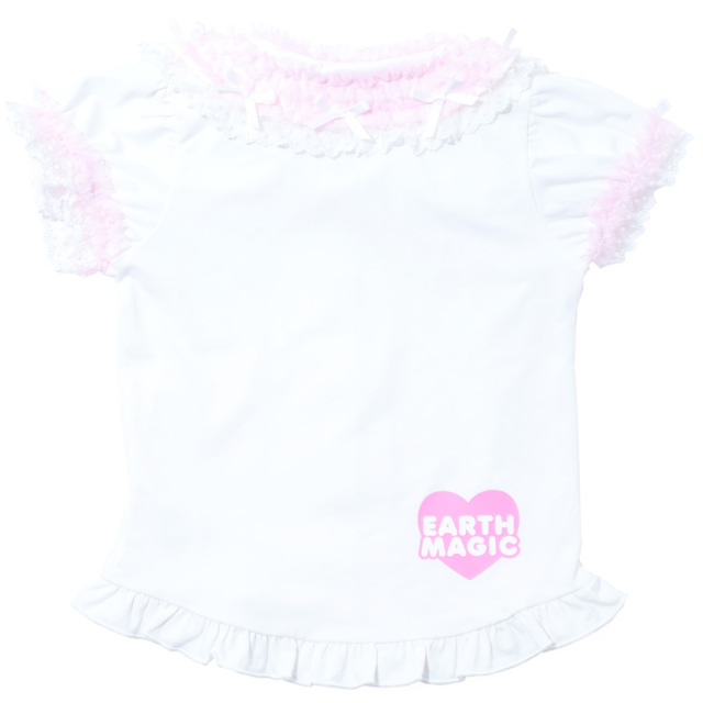 アースマジック EARTHMAGIC チュールフリル襟ベア天竺半袖ブラウス シロ ペールピンク エメグリ マフィー リボン