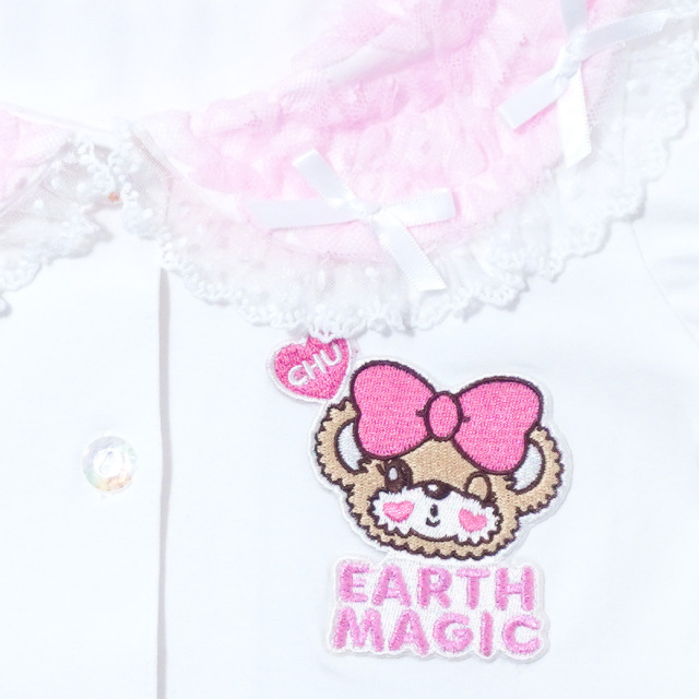 アースマジック EARTHMAGIC チュールフリル襟ベア天竺半袖ブラウス シロ ペールピンク エメグリ マフィー リボン