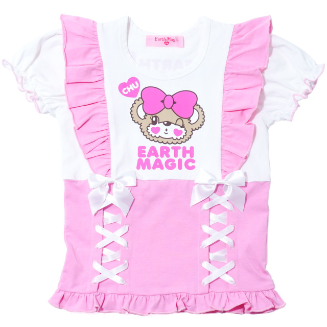 アースマジック EARTHMAGIC ベア天竺レースアップ重ね着風Tシャツ ペールピンク エメグリ マフィー 半袖