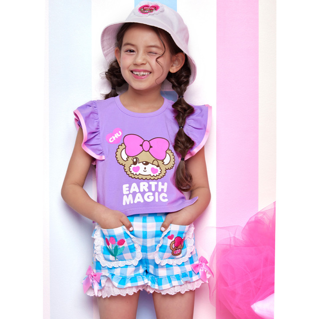 アースマジック EARTHMAGIC フリルパイピングショート丈Tシャツ シロ ペールピンク ラベンダー マフィー 半袖