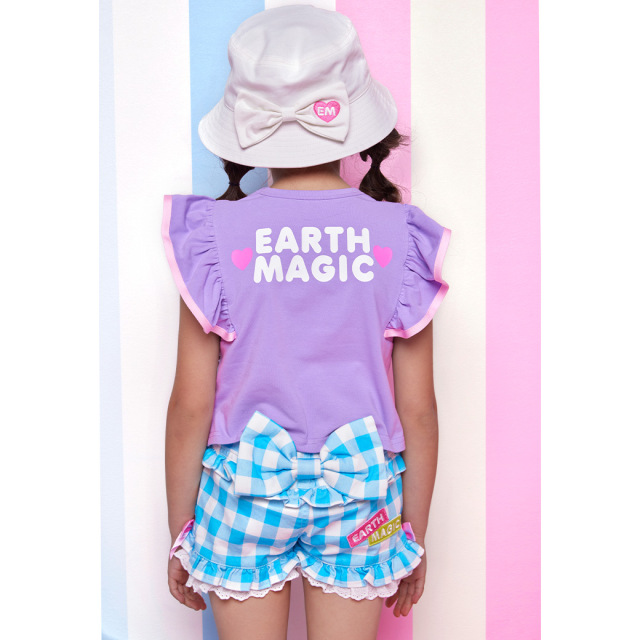アースマジック EARTHMAGIC フリルパイピングショート丈Tシャツ シロ ペールピンク ラベンダー マフィー 半袖