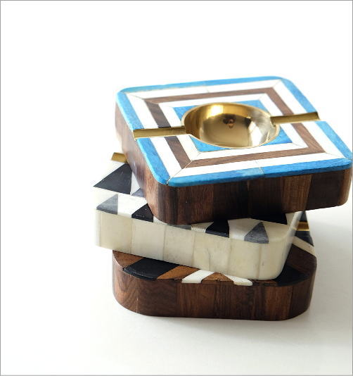灰皿 おしゃれ 卓上 カラフル デザイン レトロ アンティーク 真鍮 シーシャムウッド ボーンのスクエアアッシュトレイ 3タイプ ...
