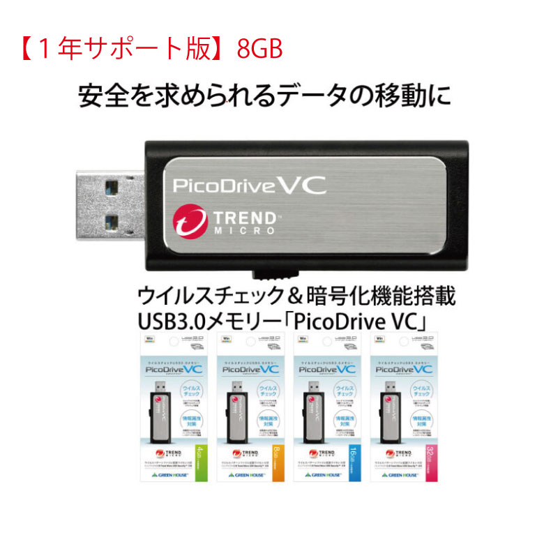 【1年サポート版】8GB ウイルスチェック＆暗号化機能搭載 USB3.0メモリーPicoDrive VC GH-UF3VC1-8G