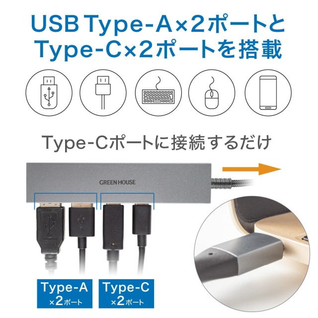 USBハブ USB Type-C接続 4ポート GH-HB3C4A-SV Type-C x2 Type-A x2 USB3.1 Gen1対応