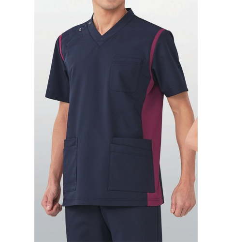 971 カゼン ナースウェア スクラブ 男女兼用 半袖 携帯ポケット PHSポケット ペン差し ループ付き 工業洗濯可 制菌加工 透け防止 吸汗 制電 ストレッチ KAZEN 医療用 看護師 ...