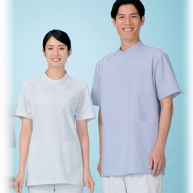 762-40 カゼン ナースウェア ケーシー ジャケット 男女兼用 半袖 工業洗濯可 制菌加工 透け防止 吸汗 制電 ストレッチ 女性小さめ 携帯ポケット スマホポケット ループ付き 動き ...