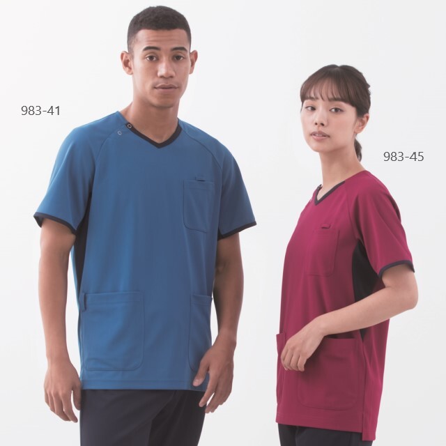 983 カゼン ナースウェア スクラブ 男女兼用 半袖 携帯ポケット スマホポケット フープ付き 動きやすい 制菌加工 透け防止 吸汗 制電 ストレッチ KAZEN 医療用 看護師 歯科医院 ...