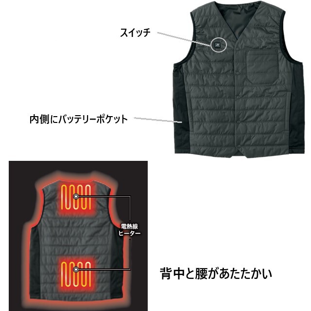 AZ8313 アイトス AITOZ ヒーターベスト 男女兼用 Vネック 約10秒即暖 最大約55℃ 抗菌防臭 手洗いOK インナーベスト 中綿 専用バッテリー付属 背中 防寒 電熱ベスト ...