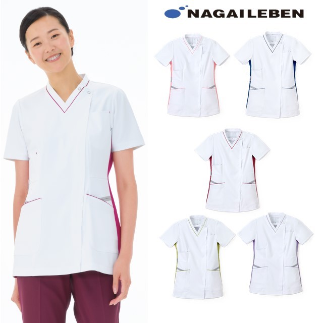 RF5122 ナガイレーベン ナースウェア スクラブ 女性用 半袖 PHSポケット 接触冷感素材 ストレッチ 吸水 防汚 業務用洗濯可 形態 ...