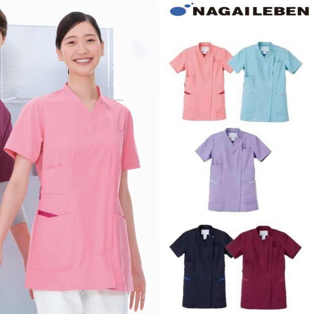 RF5122 ナガイレーベン ナースウェア スクラブ 女性用 半袖 PHSポケット 接触冷感素材 ストレッチ 吸水 防汚 業務用洗濯可 形態 ...