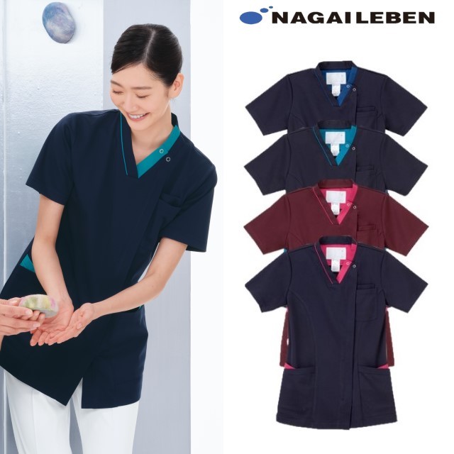 RF5122 ナガイレーベン ナースウェア スクラブ 女性用 半袖 PHSポケット 接触冷感素材 ストレッチ 吸水 防汚 業務用洗濯可 形態 ...
