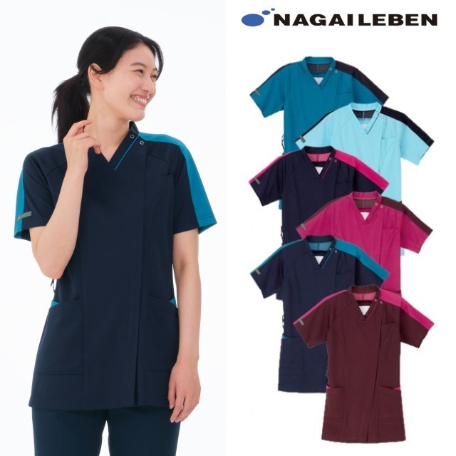 RF5122 ナガイレーベン ナースウェア スクラブ 女性用 半袖 PHSポケット 接触冷感素材 ストレッチ 吸水 防汚 業務用洗濯可 形態 ...