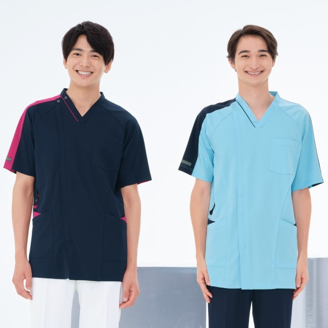 RF5197 ナガイレーベン ナースウェア スクラブ 男性用 半袖 接触冷感素材 ストレッチ 吸水 防汚 業務用洗濯可 形態安定 制菌加工 NAGAILEBEN 医療用 看護師 介護 メンズ ...