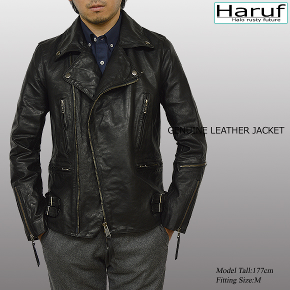 Haruf ハルフ 革ジャン ダブル ダブルライダースジャケット メンズ アウター ブランド レザージャケット レザーライダースジャケット 革ジャケット シンプル おしゃれ 本革 ビンテージ ...