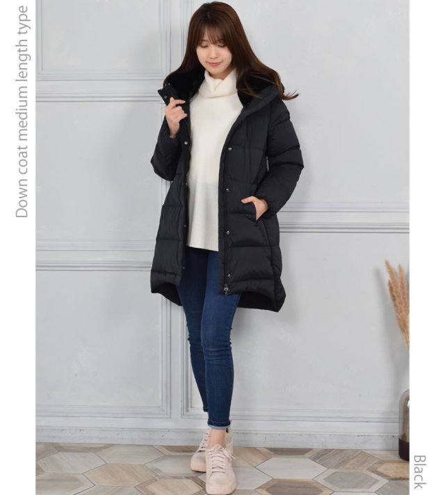 ダウンコート ストレッチ素材 レディース セミロング [Merfirge] ダウン90% フード付き(D5213) 毛皮 ファー カシミヤのハヤシグチ
