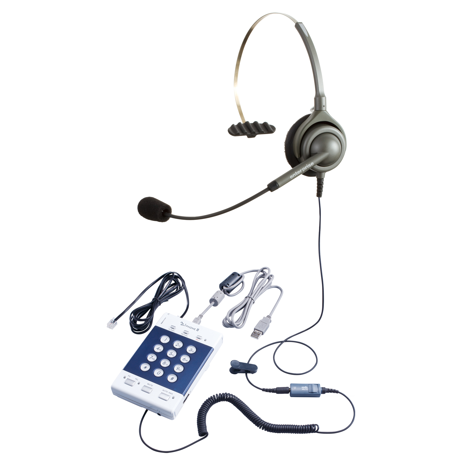 格安簡易CTI製品・ヘッドセット型電話機 ZiPHONE2（電話機本体）+ エンタープライズ製ヘッドセット（日本製）/片耳タイプ/自動発着信 ...