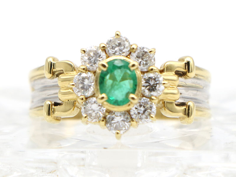 イエローゴールド プラチナ/ K18YG PT900 】 指輪 リング エメラルド0.35ct ダイヤ0.70ct 6.0g 13号 レディース ☆新着 03555-0