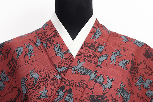 itomi浴衣(ゆかた) 優華壇 綿 鳥獣戯画絵巻 えんじ×灰色 男女兼用