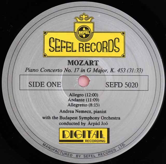 LP レコード ネメッチ、ヨーのモーツァルト/ピアノ協奏曲第17、20番 カナダSEFEL RECORDS 3602