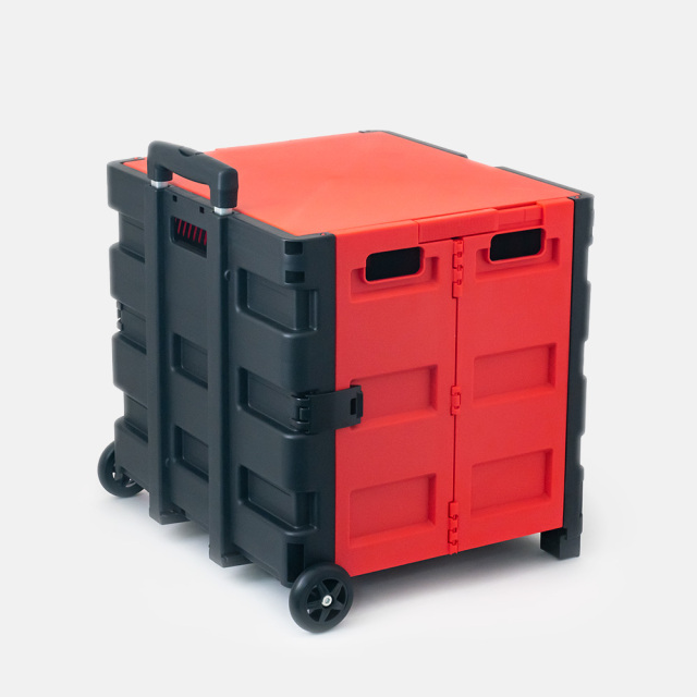 【48L 2輪式】折りたたみコンテナキャリー (ブラック＆レッド) フタ収納型キャリーカート アウトドア・ショッピング・収納ボックス F548L