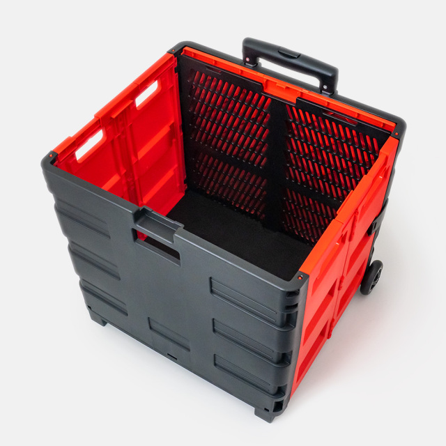 【48L 2輪式】折りたたみコンテナキャリー (ブラック＆レッド) フタ収納型キャリーカート アウトドア・ショッピング・収納ボックス F548L