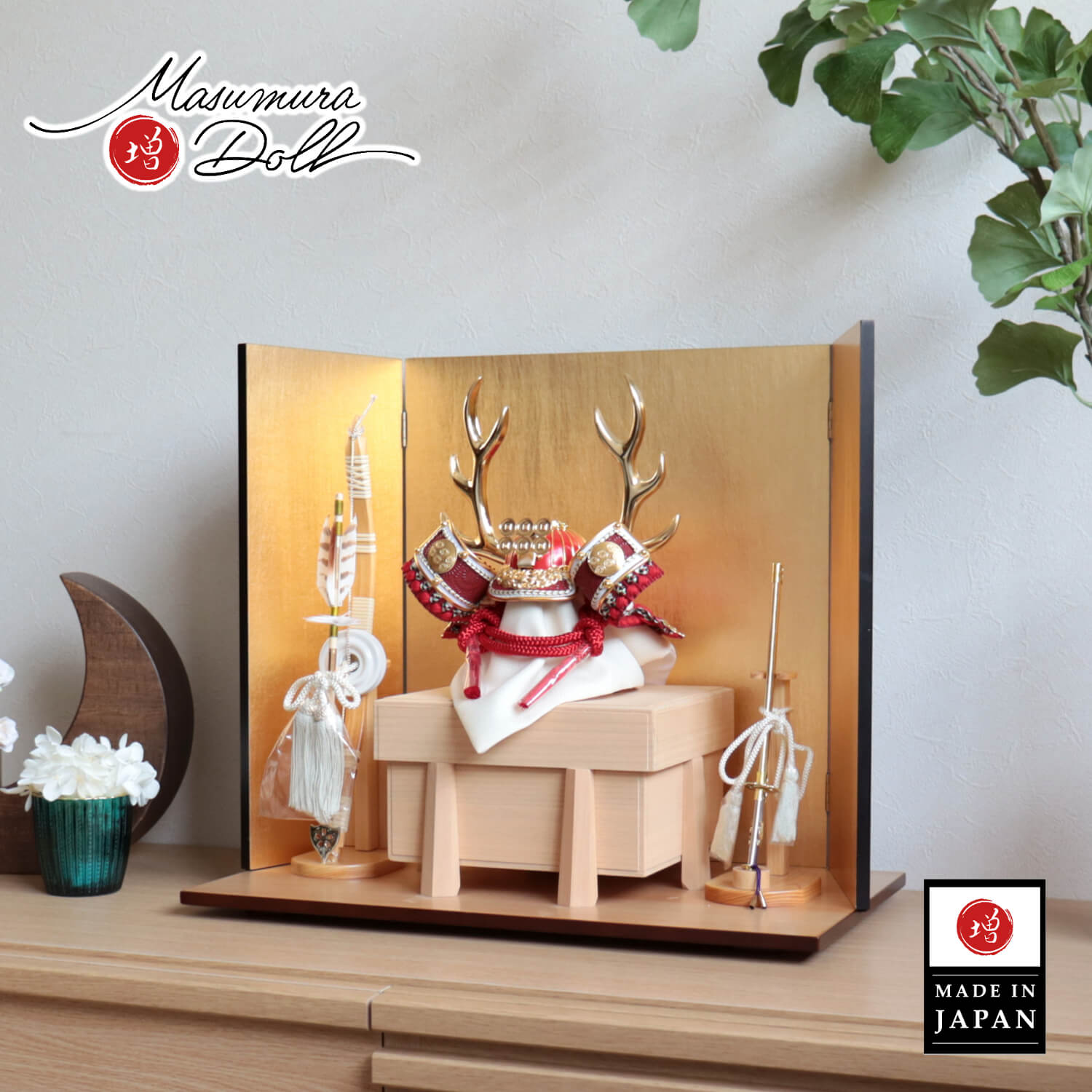 最新作 完全日本製 レッド ゴールド 武将 真田 幸村 兜 共吹き返し 国産桐極上面取櫃 済美箔屏風 ヒノキ製本藤巻弓太刀付 増村人形店 ...