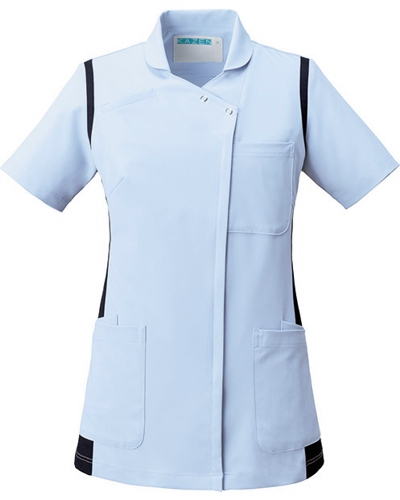 [カゼン] KAZEN 【軽くしなやかな素材で携帯・PHSポケット付のスクラブ】 レディース スクラブ（衿付） 973-41 （サックス×ネイビー） メディカルウェアジャパン