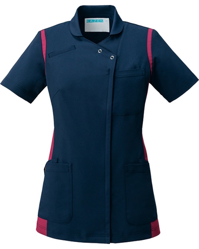 [カゼン] KAZEN 【軽くしなやかな素材で携帯・PHSポケット付のスクラブ】 レディース スクラブ（衿付） 973-45 （ワイン×ネイビー） メディカルウェアジャパン