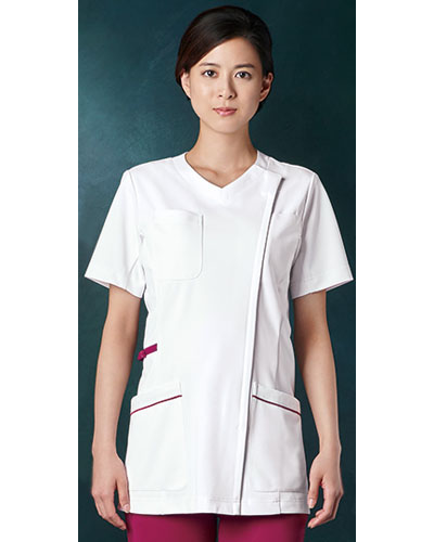 [カゼン] KAZEN 【かつてない動きやすさのニットスクラブ】 レディース スクラブ ジャケット 981-15 （ホワイト×プラム） メディカルウェアジャパン