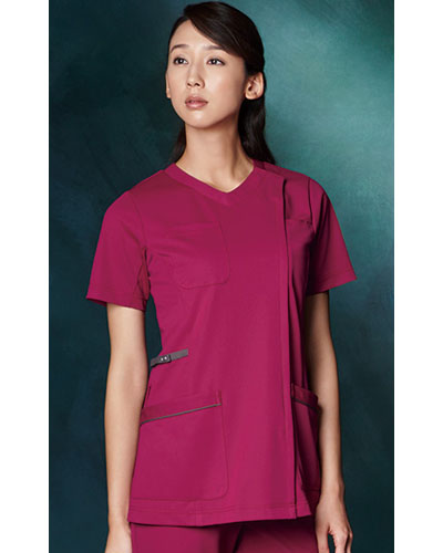 [カゼン] KAZEN 【かつてない動きやすさのニットスクラブ】 レディース スクラブ ジャケット 981-15 （ホワイト×プラム） メディカルウェアジャパン