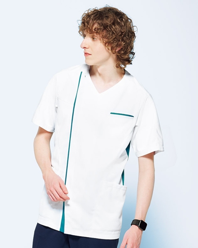 [ミズノ] MIZUNO 【着脱しやすいニット素材のメンズジャケット】 男性用 ジャケット MZ-0237 （ホワイト×ターコイズ） メディカルウェアジャパン