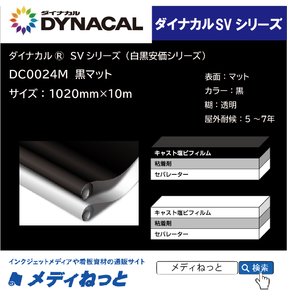 ダイナカルDC0024M 黒マット 1020mm×10M / SV白黒安価シリーズ（耐候：5年～7年）