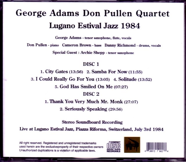 George Adams,Don Pullen Quartet ジョージ・アダム/Switzerland 1984