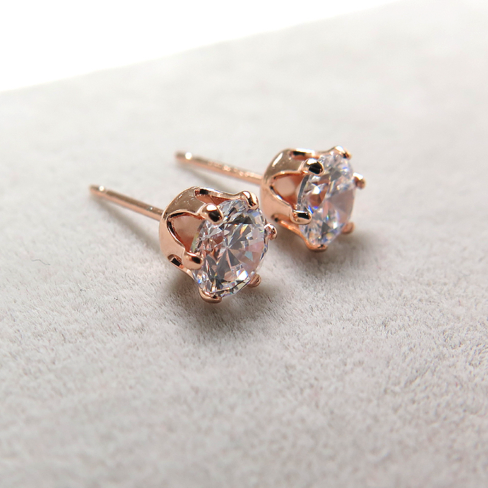 ローズゴールドフィルド14kgf/4mmラウンド6本爪・スタッドピアス（立て爪ピアス）・czキュービックジルコニア（5ペア）